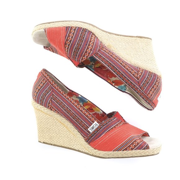 Toms | Shoes | Toms Red Canvas Striped Peep Toe Wedge Sandals | Poshmark